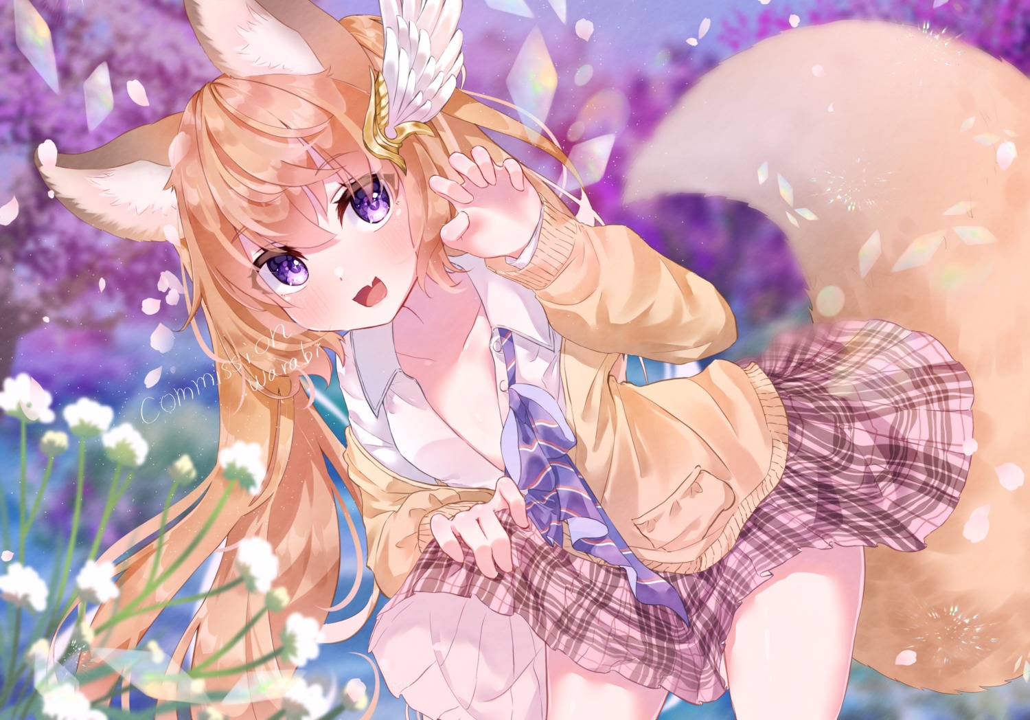 kaname warabi tera online elin animal ears cleavage kitsune no bra open shirt seifuku skirt lift ...